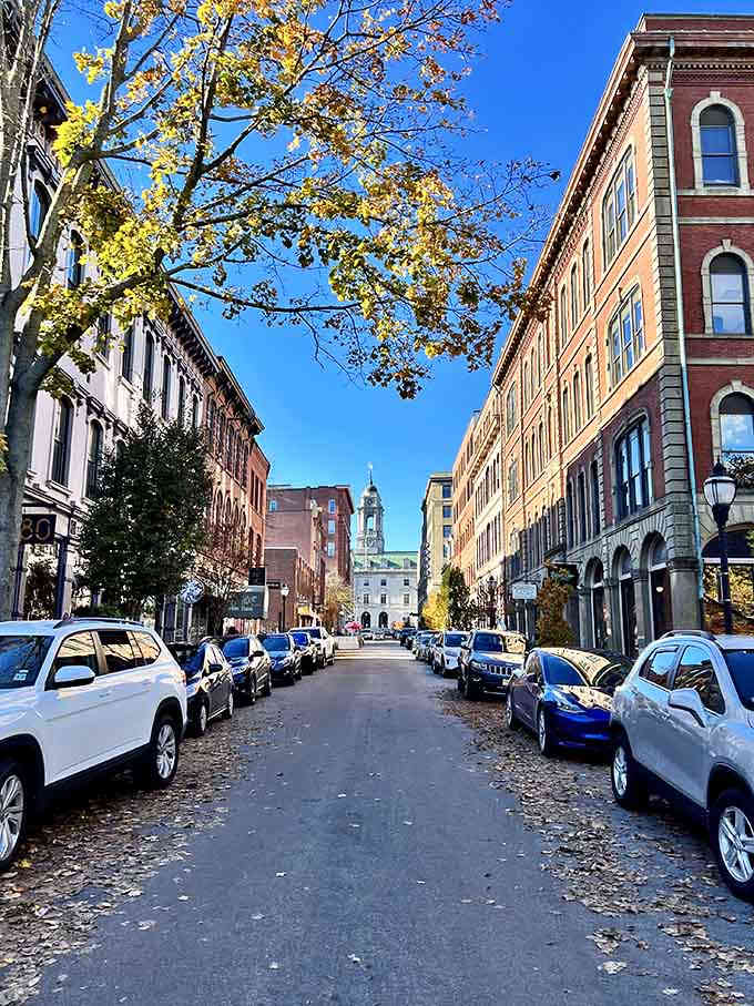 Portland's historic streets look like they're ready for their close-up, with church steeples peeking through the autumn trees.