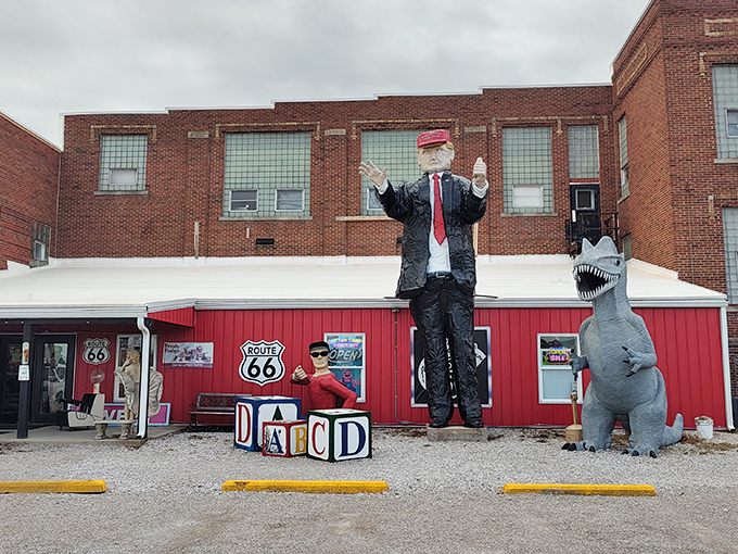 Life-sized vintage figures welcome visitors to this classic roadside diner where nostalgia is always the special of the day.