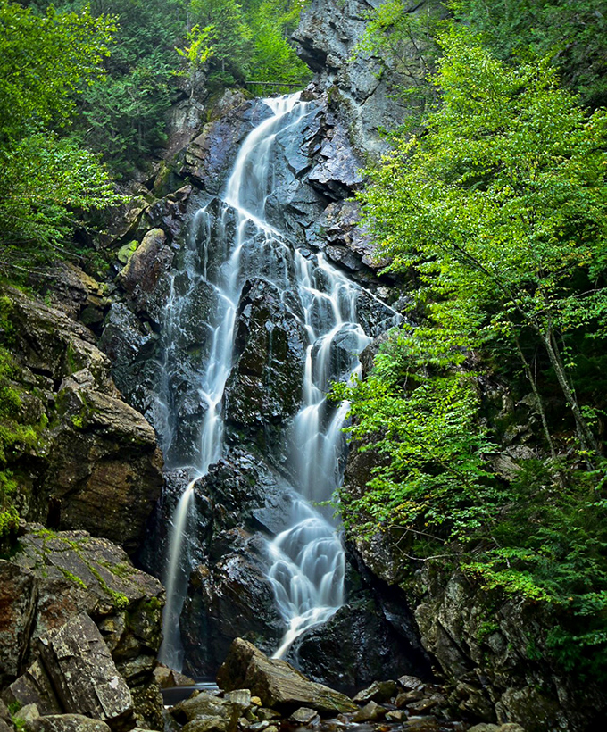 The full majesty of Angel Falls reveals itself between forest guardians, where water has carved a vertical highway through ancient Maine bedrock.
