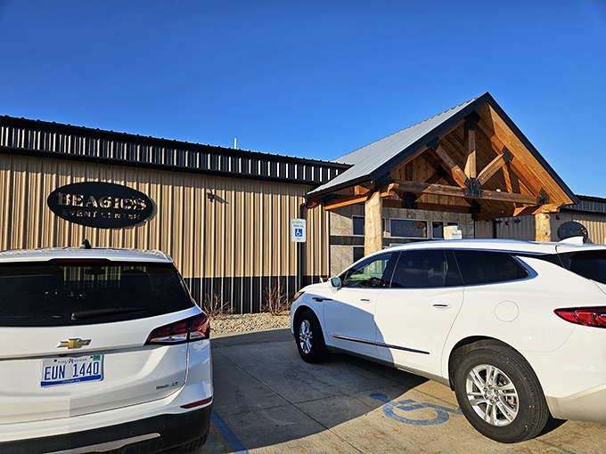 Beagio's modern farmhouse design stands proudly against the Michigan sky, a destination worth the drive for pizza aficionados seeking rural delights.