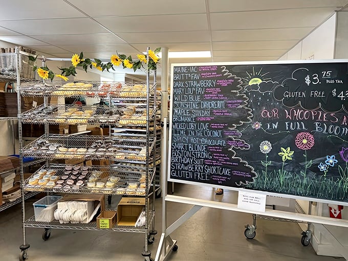 A colorful chalkboard menu showcases Cape Whoopies' creative flavors, while metal racks display perfectly formed treats waiting to be boxed up and taken home.