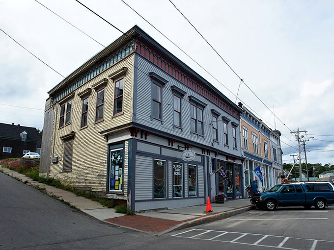 Historic storefronts line Eastport's main street, where weathered buildings tell stories of this easternmost town's rich seafaring past.