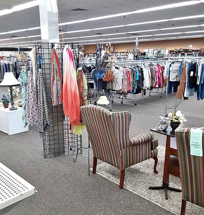 Inside Family Pathways, clothing displays stretch as far as the eye can see, with everything from casual wear to formal attire at fraction-of-retail prices.