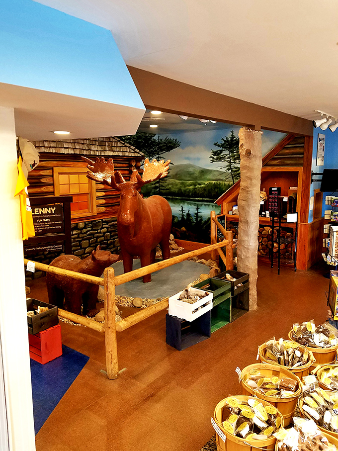 This chocolate wildlife display features Lenny the moose and his bear companions, all sculpted from sweet, tempting chocolate.