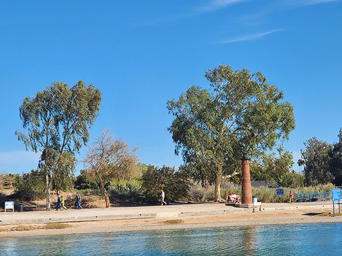 Families enjoy the perfect mix of grassy areas and sandy beaches at London Bridge Beach, with the famous bridge visible in the distance.