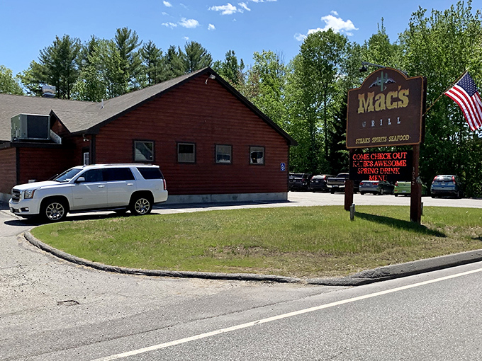 The rustic red exterior of Mac's Grill looks like a cozy cabin in the woods, but inside awaits some of Maine's finest hand-cut steaks.