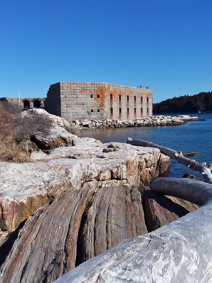 Wooden docks extend into Phippsburg's harbor, where fishing boats and pleasure craft share the protected waters beneath a brilliant blue Maine sky.