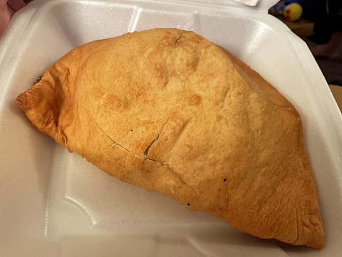 Behold the legendary ponza rotta in its takeout glory – a golden half-moon of deep-fried perfection ready to make your day better.