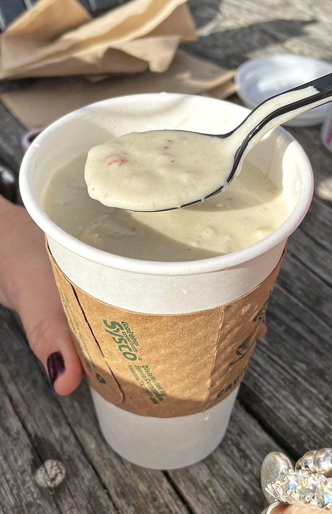Creamy clam chowder so thick you could practically use it as mortar for building a lighthouse. New England in a cup.