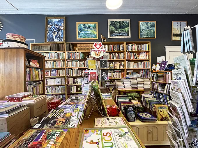 Exposed brick walls and wooden shelves create the perfect backdrop for literary exploration, like stepping into the library of your dreams.