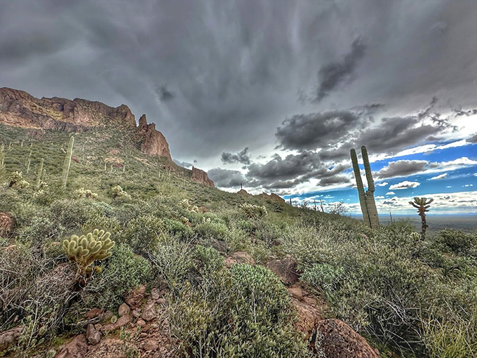 Dramatic storm clouds gather over the Superstition Wilderness, painting the landscape in moody shadows and highlighting every craggy detail.