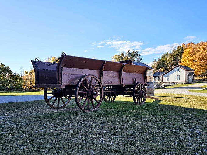 That wagon's seen more Michigan history than most textbooks, just sitting there ready to haul another load that'll never come.