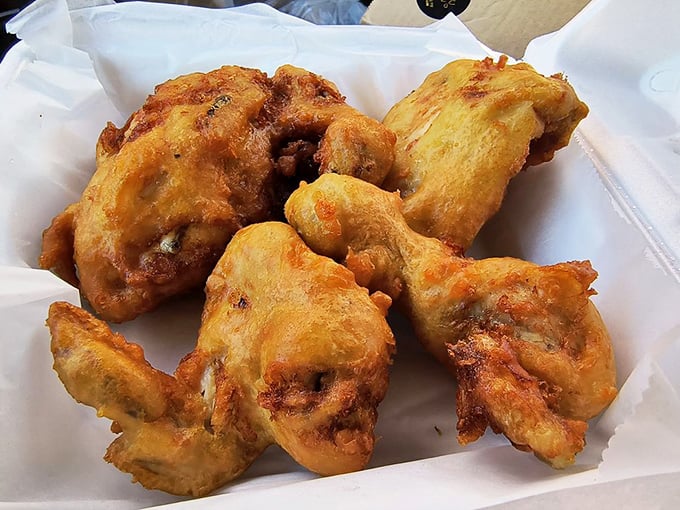 Golden-fried chicken that would make your grandmother jealous. Each piece wears its crispy coating like armor, protecting the juicy treasure within.