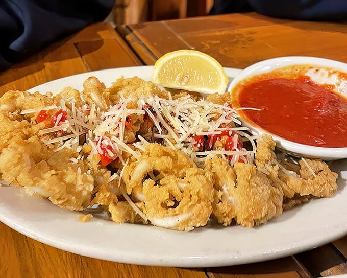 Fried calamari that shatters with each bite, showered with cheese and paired with marinara that's worth double-dipping for.