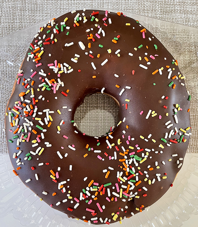 This chocolate-glazed giant adorned with rainbow sprinkles makes regular donuts look like they forgot to reach their full potential in life.