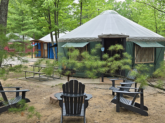 Circular forest dwellings reimagine camping comfort, these yurts blend tent simplicity with cabin coziness for a uniquely magical woodland stay.