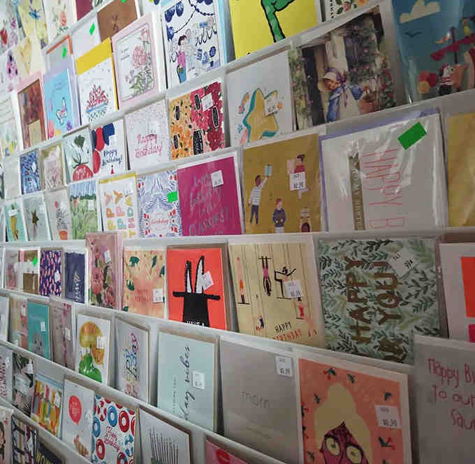 A kaleidoscope of greeting cards offers sentiments for every occasion, each one more creative than anything you'd find at the mall.