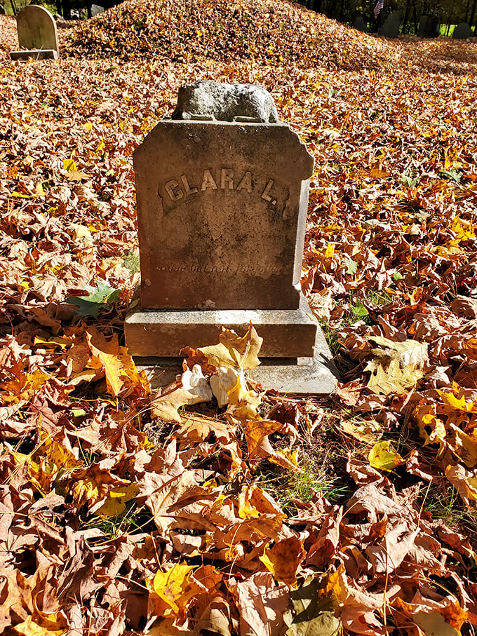This small lamb-topped monument to "Clara" tells a heartbreaking story – Victorian-era symbolism often used lambs to mark children's graves.