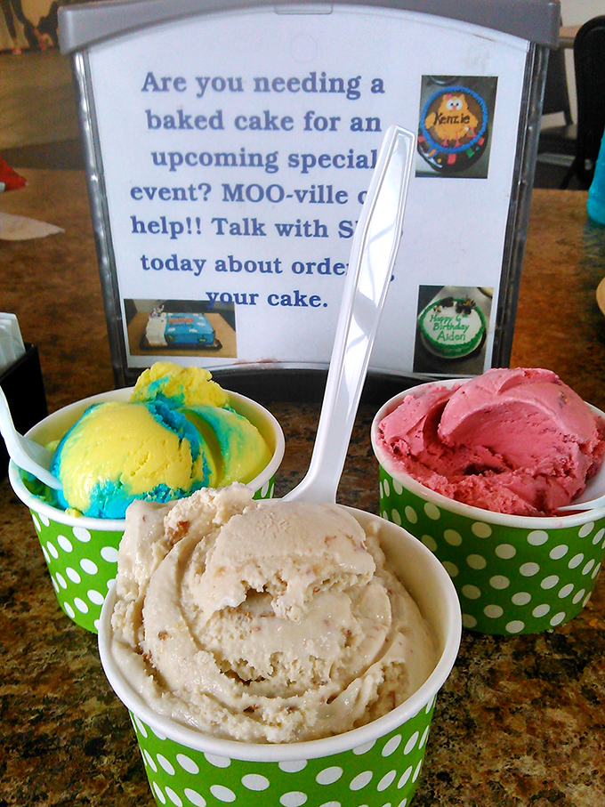 Triple the joy in these polka-dotted cups! Vibrant scoops of handcrafted ice cream showcase Moo-Ville's playful approach to frozen perfection.