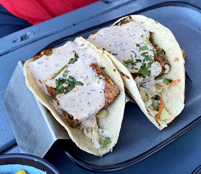 These mahi tacos aren't just food, they're edible art &ndash; blackened fish nestled in soft tortillas with slaw and sauce that ties it all together.