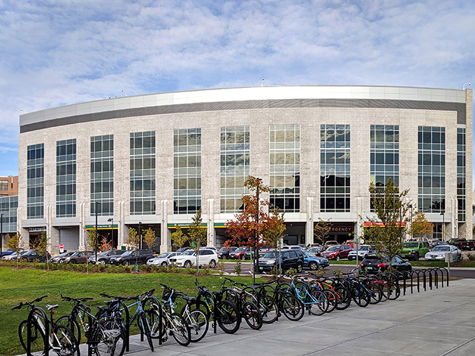 Modern architecture meets community needs at this sleek medical facility, where bicycles hint at Burlington's commitment to healthy, sustainable living.