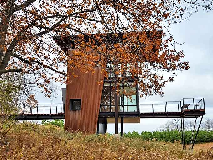 From this angle, the structure looks like it could be a piece of modern art that someone brilliantly decided to make livable, surrounded by autumn's finest color palette.