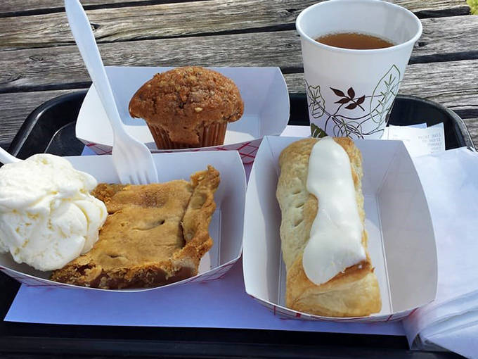 A feast for the senses! Apple pie with ice cream, a cinnamon-topped muffin, and hot cider create the ultimate fall trifecta that'll make you forget summer ever existed.