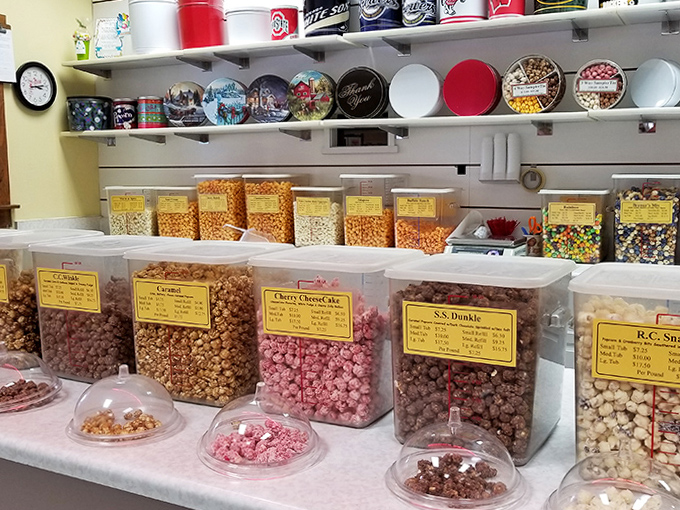 Popcorn paradise awaits as colorful bins showcase a rainbow of flavors &ndash; each transparent container promising a different crunchy adventure.