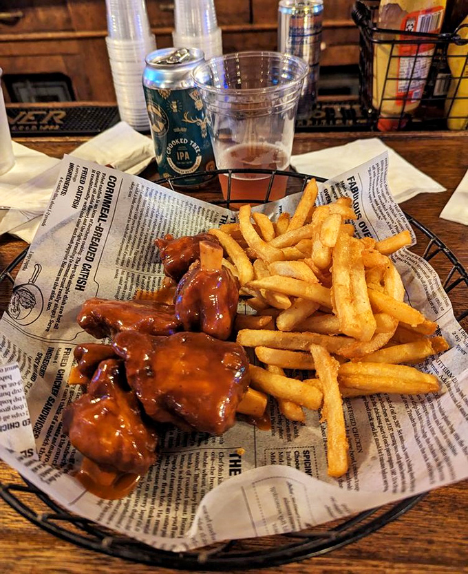 Sticky-sweet glazed meat alongside golden fries &ndash; proof that Jacoby's knows comfort food transcends national boundaries.