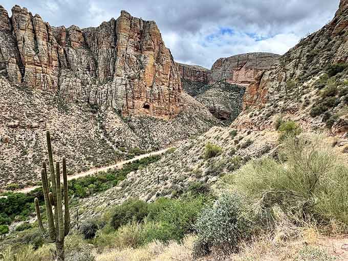 Canyon walls tower overhead in layers of geological history, each stratum telling stories millions of years in the making.