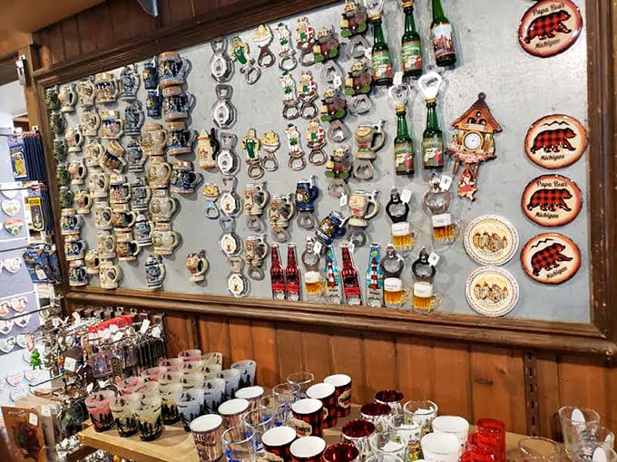 Beer steins and decorative mugs line the walls, offering a taste of Bavarian culture alongside the cheese. Collect memories, not just calories!
