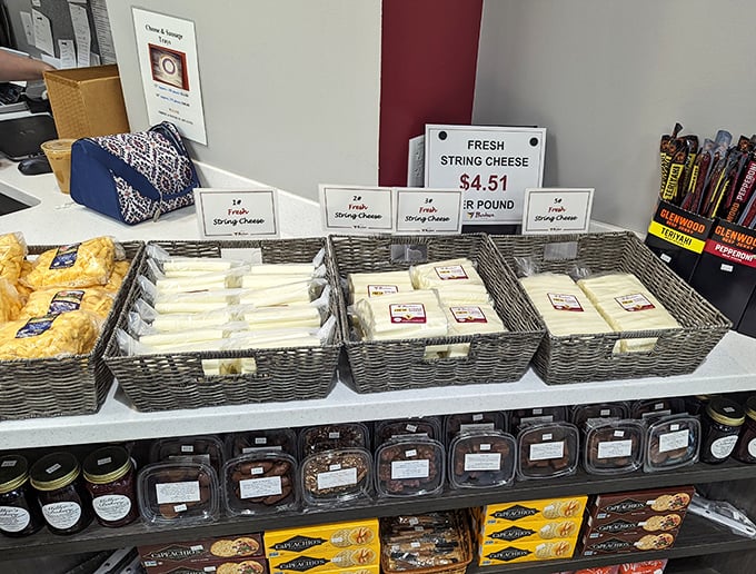 Fresh string cheese displayed in wicker baskets &ndash; nature's perfect food, arranged with the reverence it deserves.