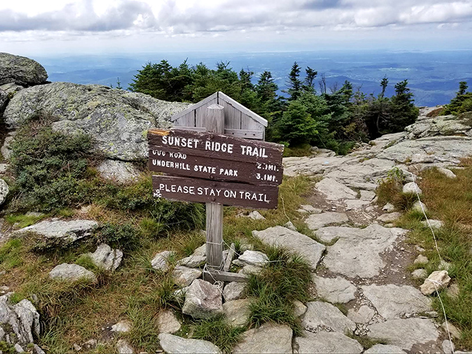 The Sunset Ridge Trail sign stands sentinel at the crossroads of adventure, pointing the way to Vermont's highest heights.