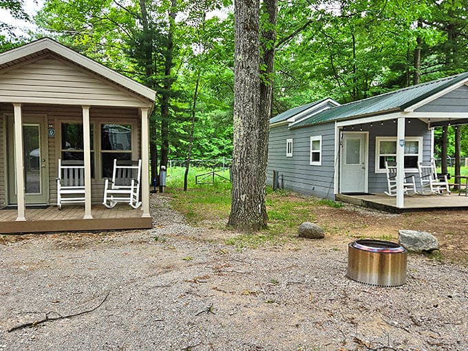 Charming cottages nestled among trees &ndash; where "roughing it" means deciding between porch sitting or hammock swinging.