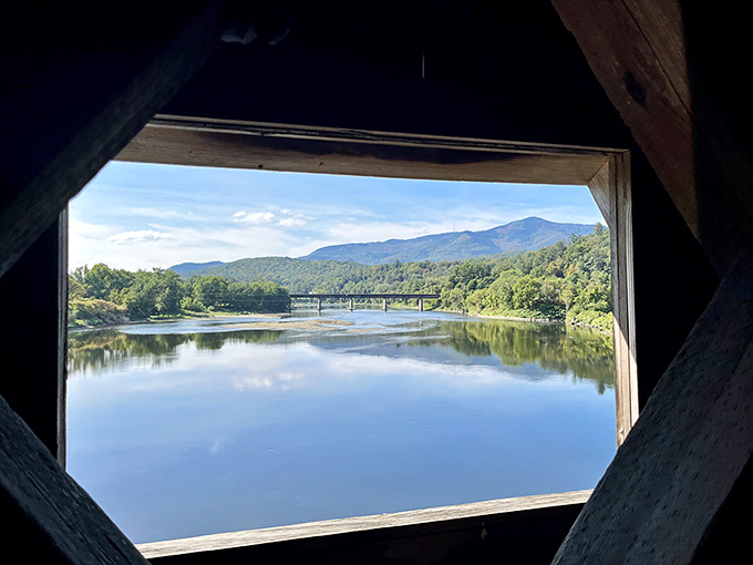 Nature frames itself perfectly through the bridge's viewing windows – a landscape painting created by the Connecticut River itself.