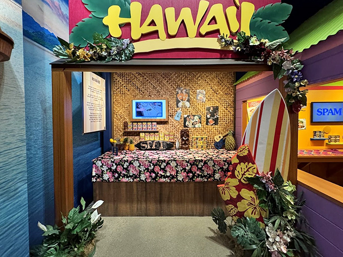 Aloha, SPAM lovers! The Hawaii exhibit celebrates the island's obsession with SPAM musubi, complete with tropical d&eacute;cor and surfboards.