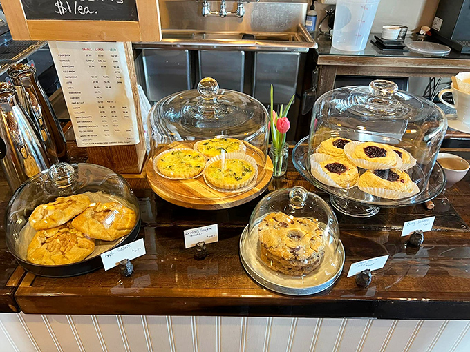 Glass domes protect treasures more valuable than gold: freshly baked pastries that make page-turning fingers sticky with delight.