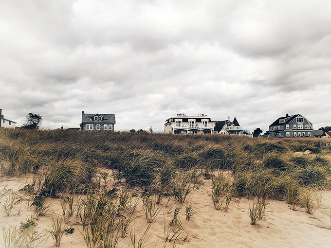 Beach houses with stories to tell line the shore, their weathered shingles and white trim embodying coastal Maine's timeless architectural language.