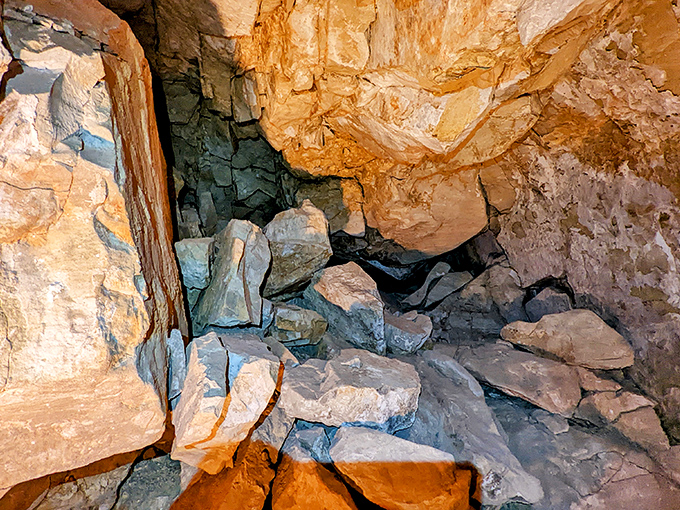 Broken rock formations create a natural obstacle course, evidence of the cavern's dynamic geological history.