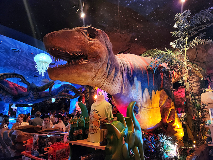Dining beneath a massive T-Rex might make you reconsider your position on the food chain, but the theatrical environment is all part of the fun.