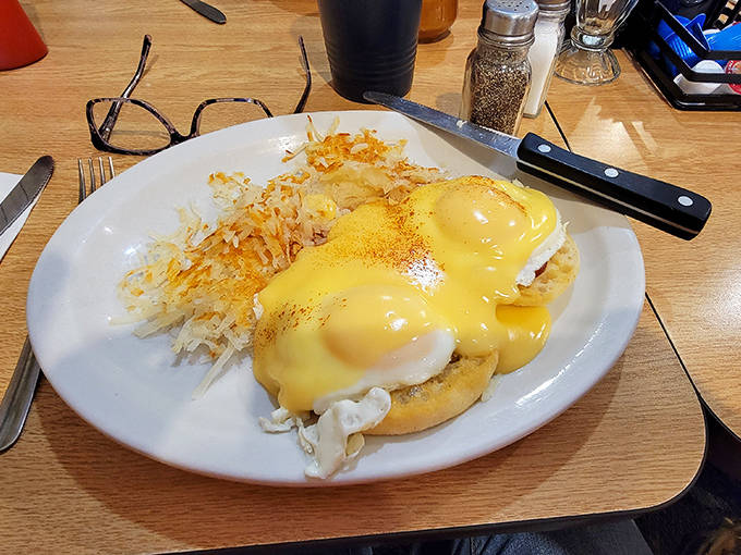 These eggs Benedict aren't trying to reinvent the wheel, just perfect it with silky hollandaise cascading over perfectly poached eggs.