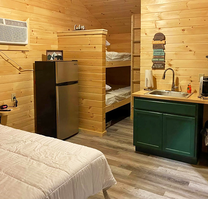 Inside reveals warm pine walls and clever space utilization &ndash; who knew "cozy" could feel so spacious in treehouse living?