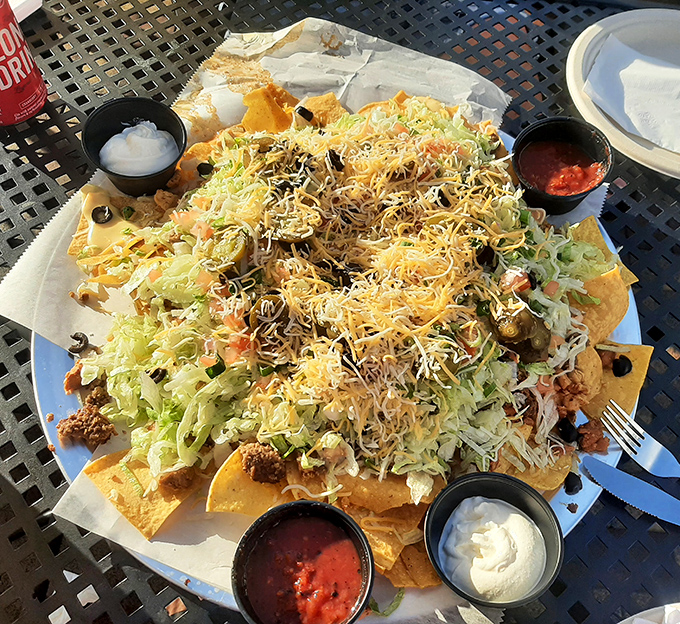 Behold the nacho mothership! Layers of crispy chips, seasoned beef, and melted cheese create an edible monument that demands respect and stretchy pants.