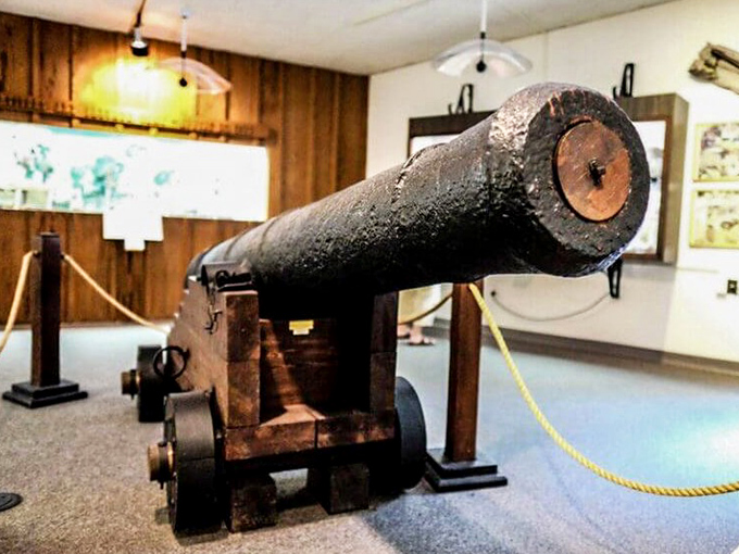 This recovered cannon once defended a mighty vessel. Now it stands guard in a museum, considerably drier than its shipmates.
