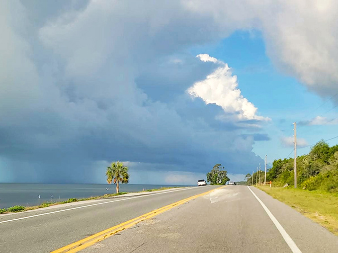Storm clouds gather over the coastal highway, creating a dramatic backdrop for an unforgettable road trip moment.