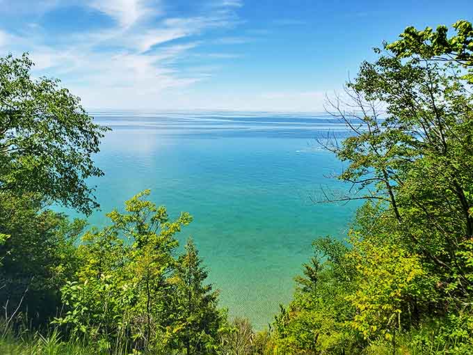 Lake Michigan reveals itself between the trees, its turquoise waters providing a stunning contrast to the emerald forest.