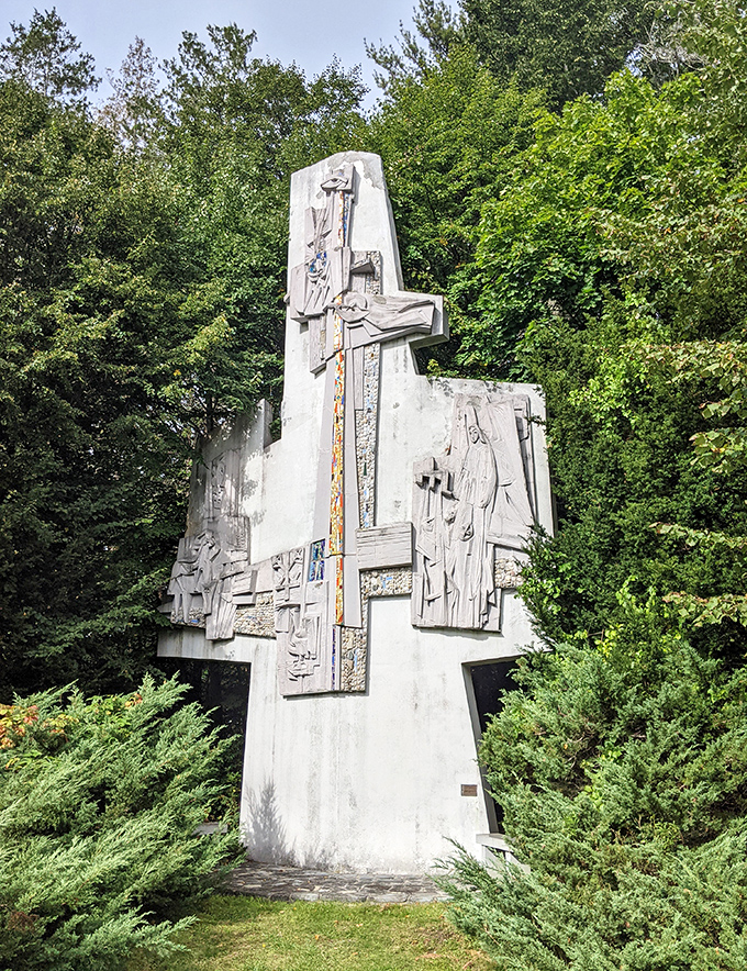 This striking modern sculpture on the monastery grounds combines religious symbolism with artistic expression, creating a focal point for reflection.