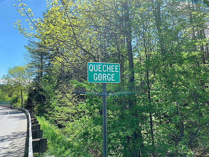 "Quechee Gorge" announces the simple green sign, understating the natural wonder that awaits just steps away from the roadside.