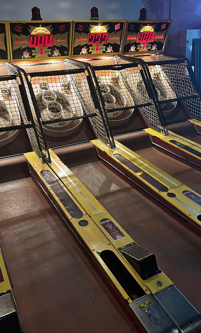 Classic Skee-Ball lanes invite friendly competition &ndash; there's something eternally satisfying about the hollow wooden rumble of a perfect roll.