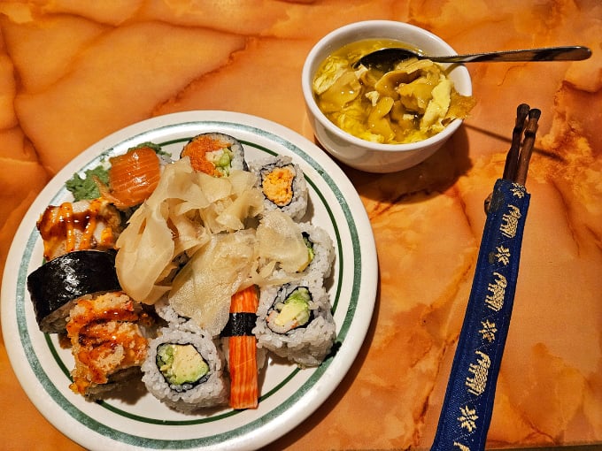 Sushi offerings surprisingly shine at Grand Buffet, with fresh California rolls and nigiri prepared throughout the day for unexpected buffet luxury.